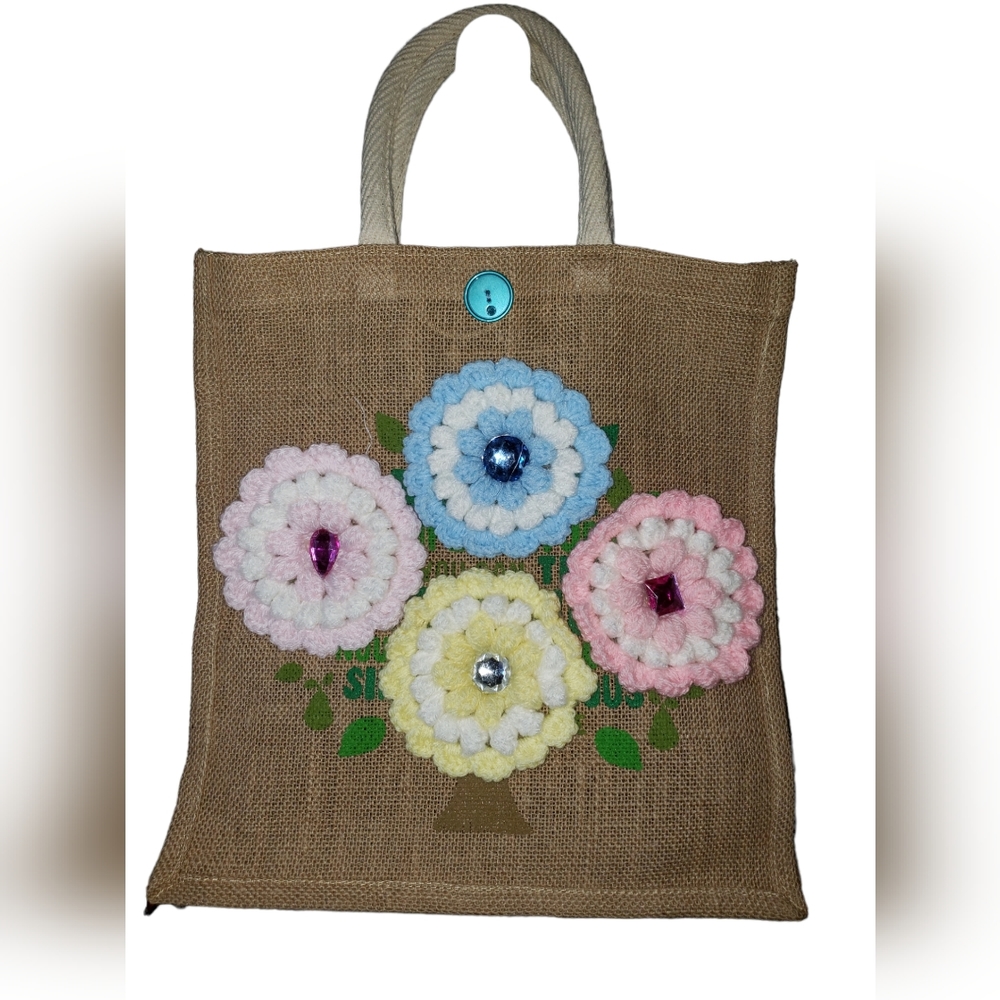Gunny Sack Bag With Crochet Flowers Sewed In Front Bl… - Gem